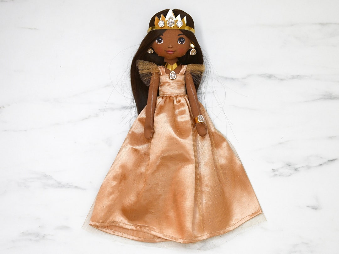 Princess / Queen Doll Black / Dark Skin Cotton Rag Doll in a Golden ...
