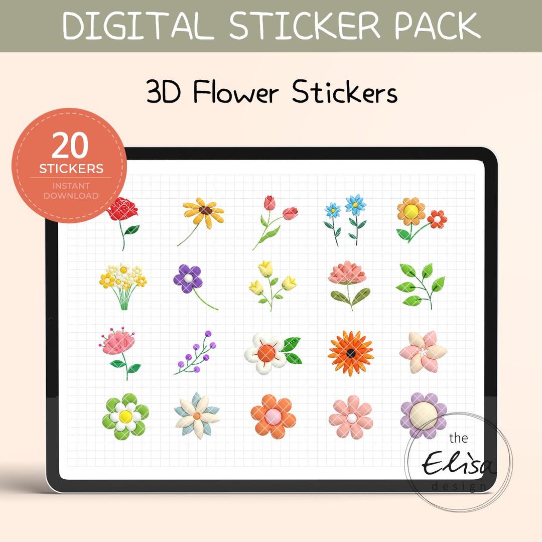 3D Flower Digital Stickers, Goodnotes 3D Flower Stickers, 3D Flower ...