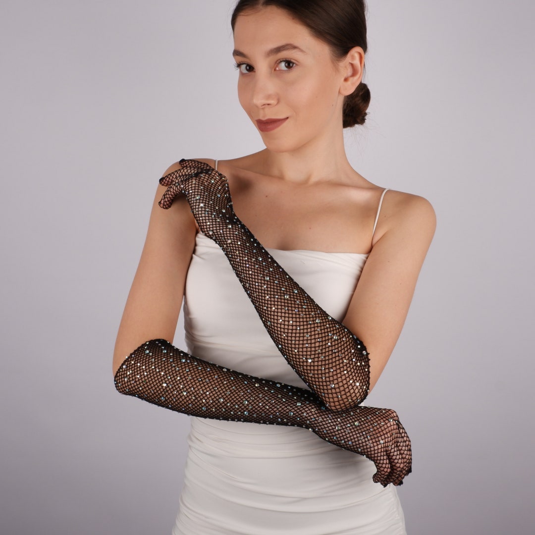 Rhinestone Fishnet Sexy Gloves, Singer Opera Length Gloves, Party ...
