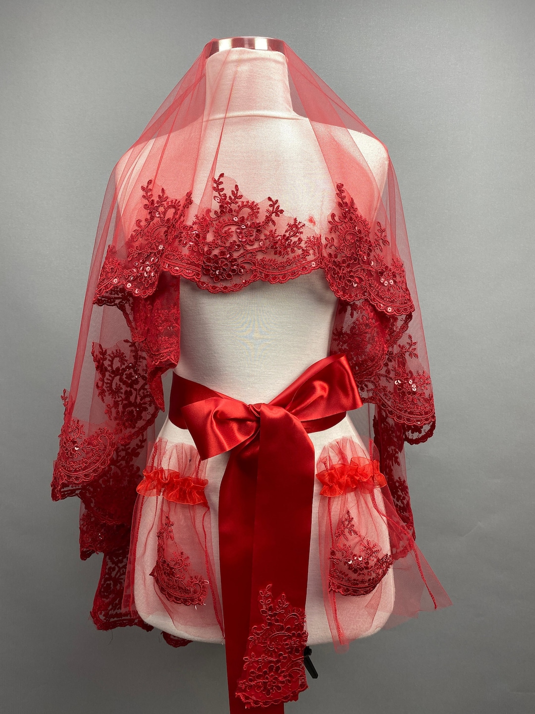 Red Stamp Bridal Veil, Face Cover Wedding Veil, Tulle Bridal Veil ...