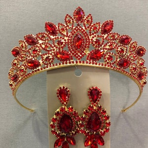 Ruby Crystal Glass Stone Gold Bridal Tiara and Earring Set Wedding ...
