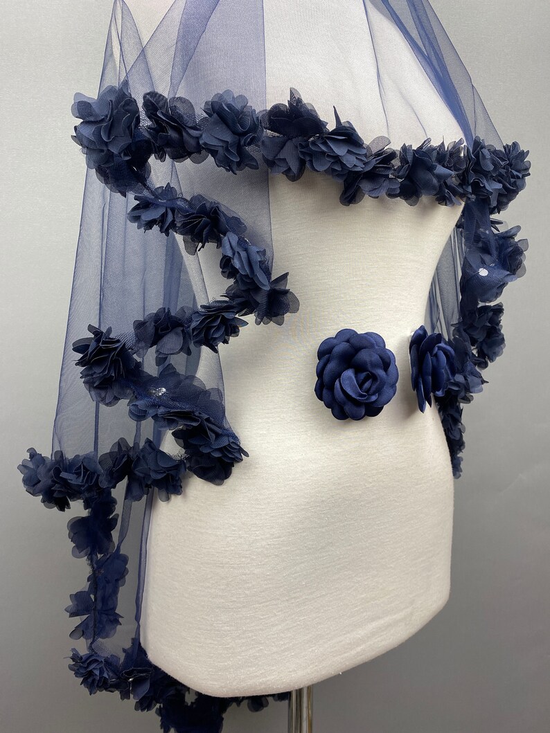 Navy Blue Floral Bridal Veil, Tulle Cathedral Veil - Etsy