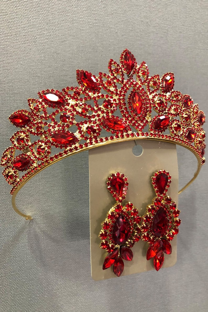 Ruby Crystal Glass Stone Gold Bridal Tiara and Earring Set - Etsy