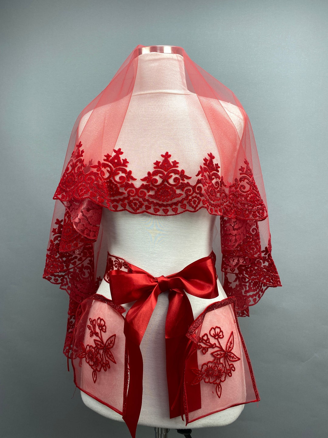 Red Silvery Bridal Henna Veil, Face Cover, Wedding Veil, Tulle Bridal ...