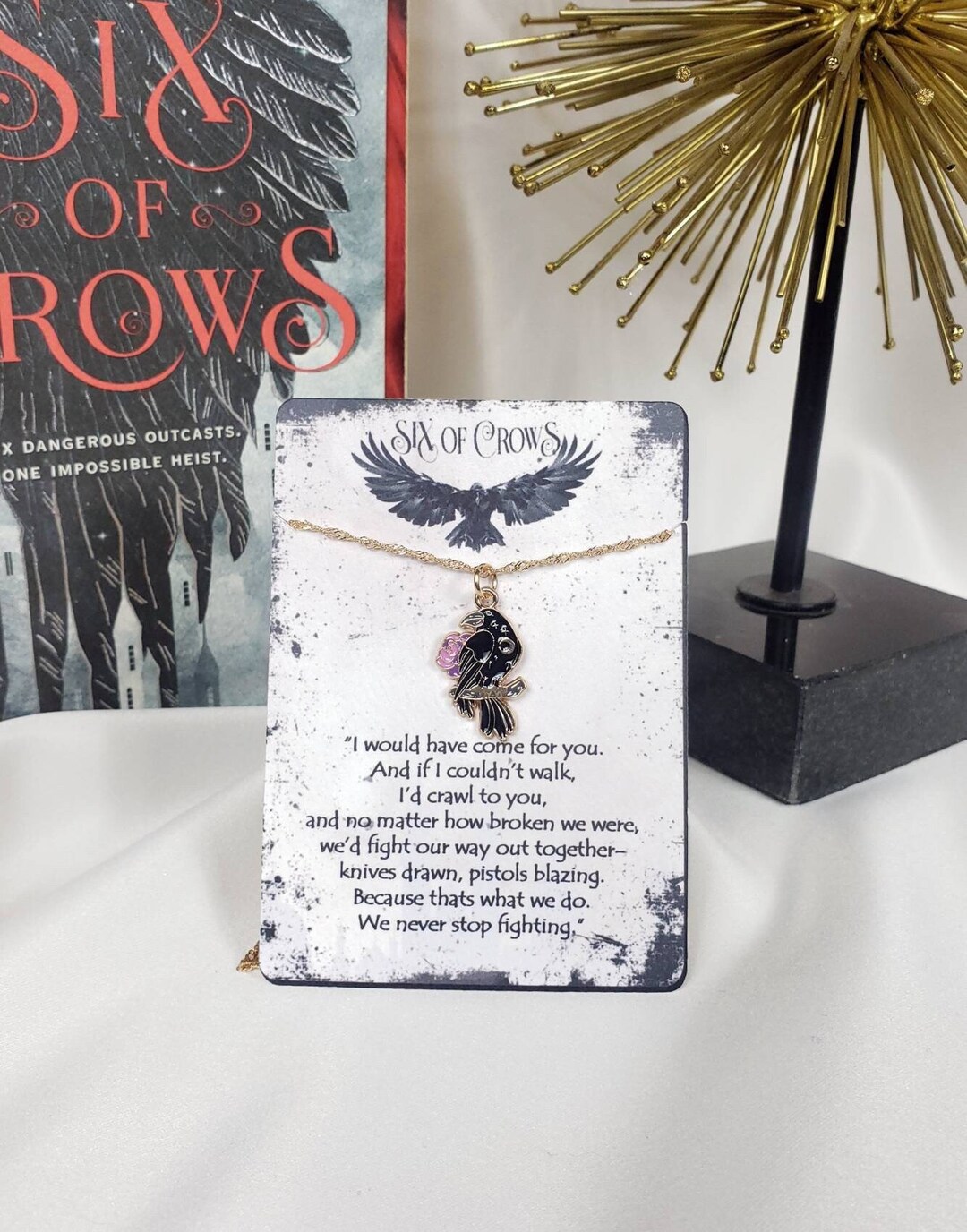 Six of Crows Necklace, Gothic Crow Gold Necklace, Book Quote Jewelry ...