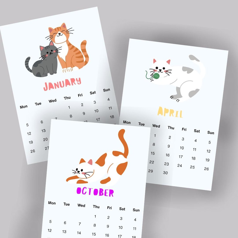 2026 Cat Calendar Printable | Cute Kitty Monthly Planner | 12 Month ...