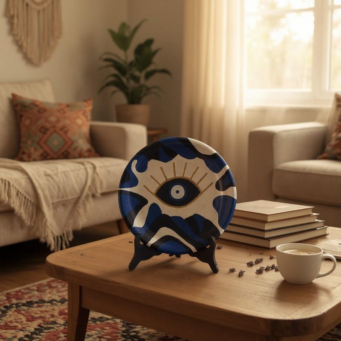 Hand-painted Terracotta Evil Eye Plate, Bohemian Wall Decor (10.2 Inch ...