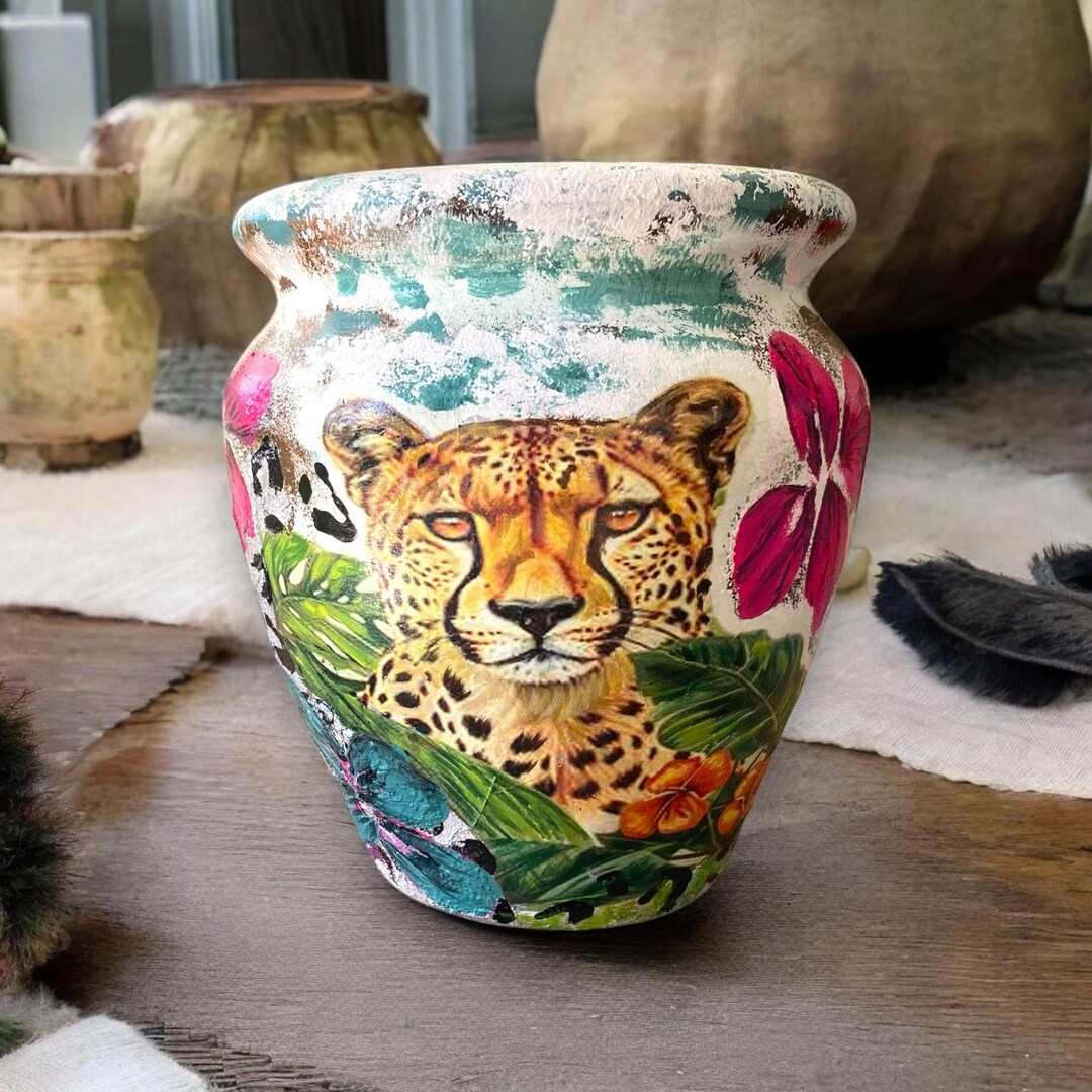 Wildlife-inspired Handcrafted Vase – Cheetah Design With Floral Accents ...