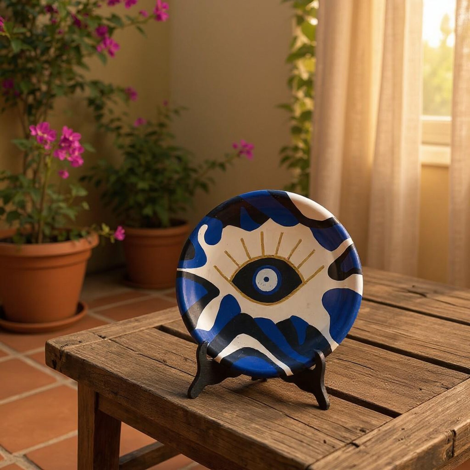 Hand-painted Terracotta Evil Eye Plate, Bohemian Wall Decor (10.2 Inch ...