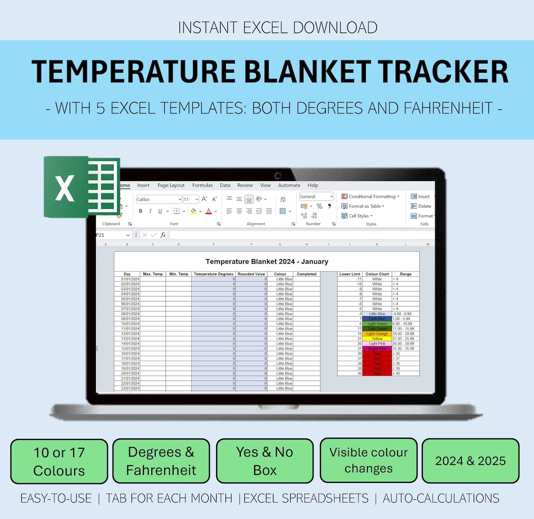 Temperature Blanket Tracker | Excel Spreadsheet | - Etsy