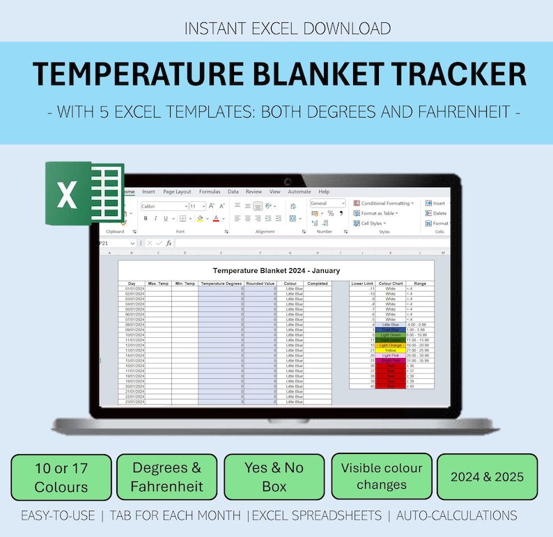 Temperature Blanket Tracker | Excel Spreadsheet | - Etsy