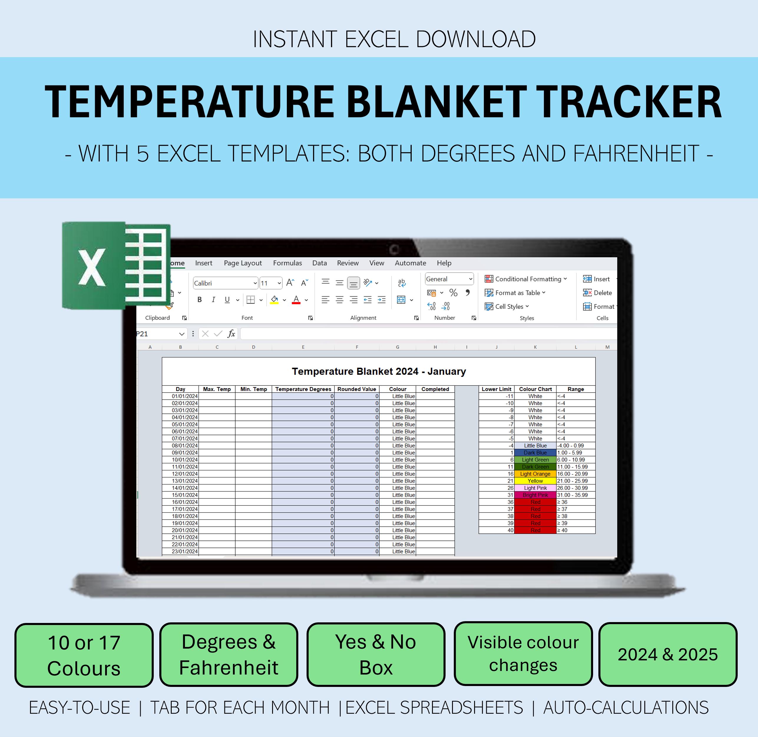 Temperature Blanket Tracker | Excel Spreadsheet | - Etsy