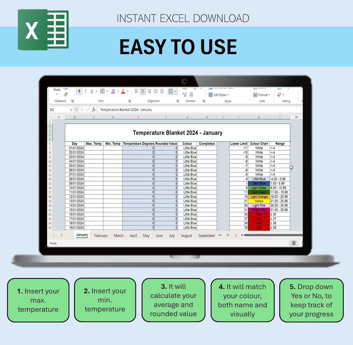 Temperature Blanket Tracker | Excel Spreadsheet | - Etsy