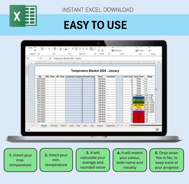 Temperature Blanket Tracker | Excel Spreadsheet | - Etsy