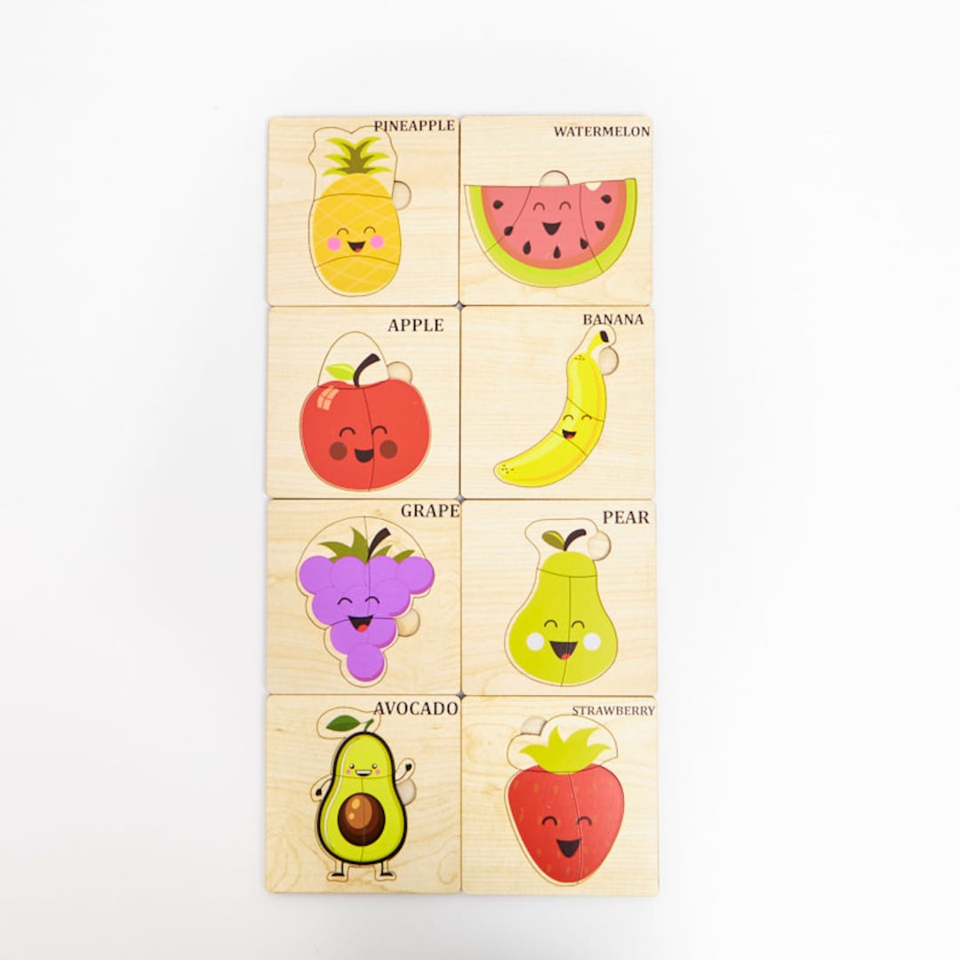 Montessori Wooden Name Fruit Puzzle Set, Toddlers Board, Educational ...