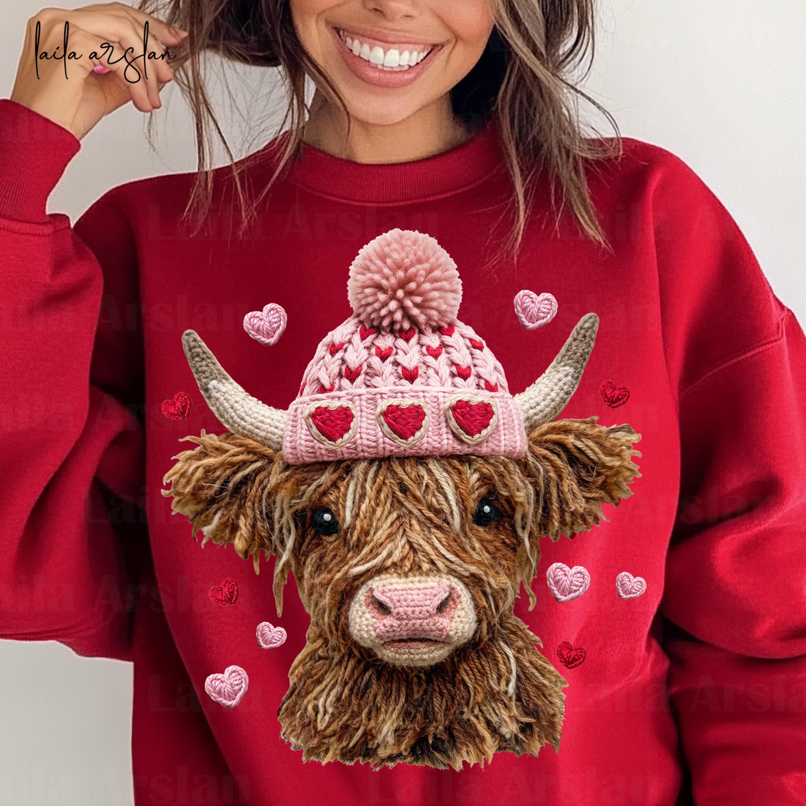 Highland Cow Valentine PNG, Faux Yarn Knitted Hat Cow PNG, Valentine ...