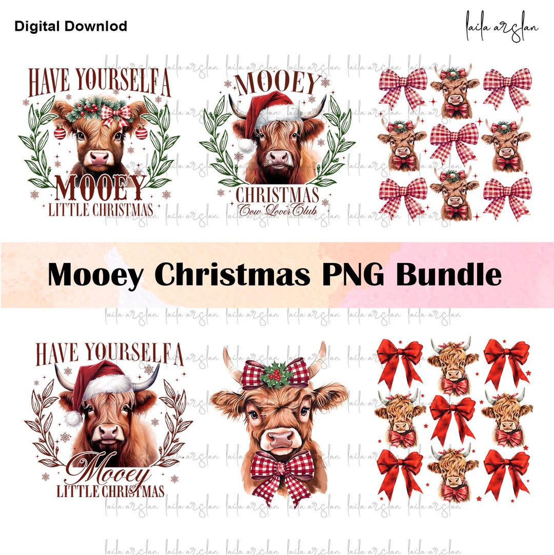 Mooey Christmas PNG Bundle, Christmas Coquette Highland Cow Png ...