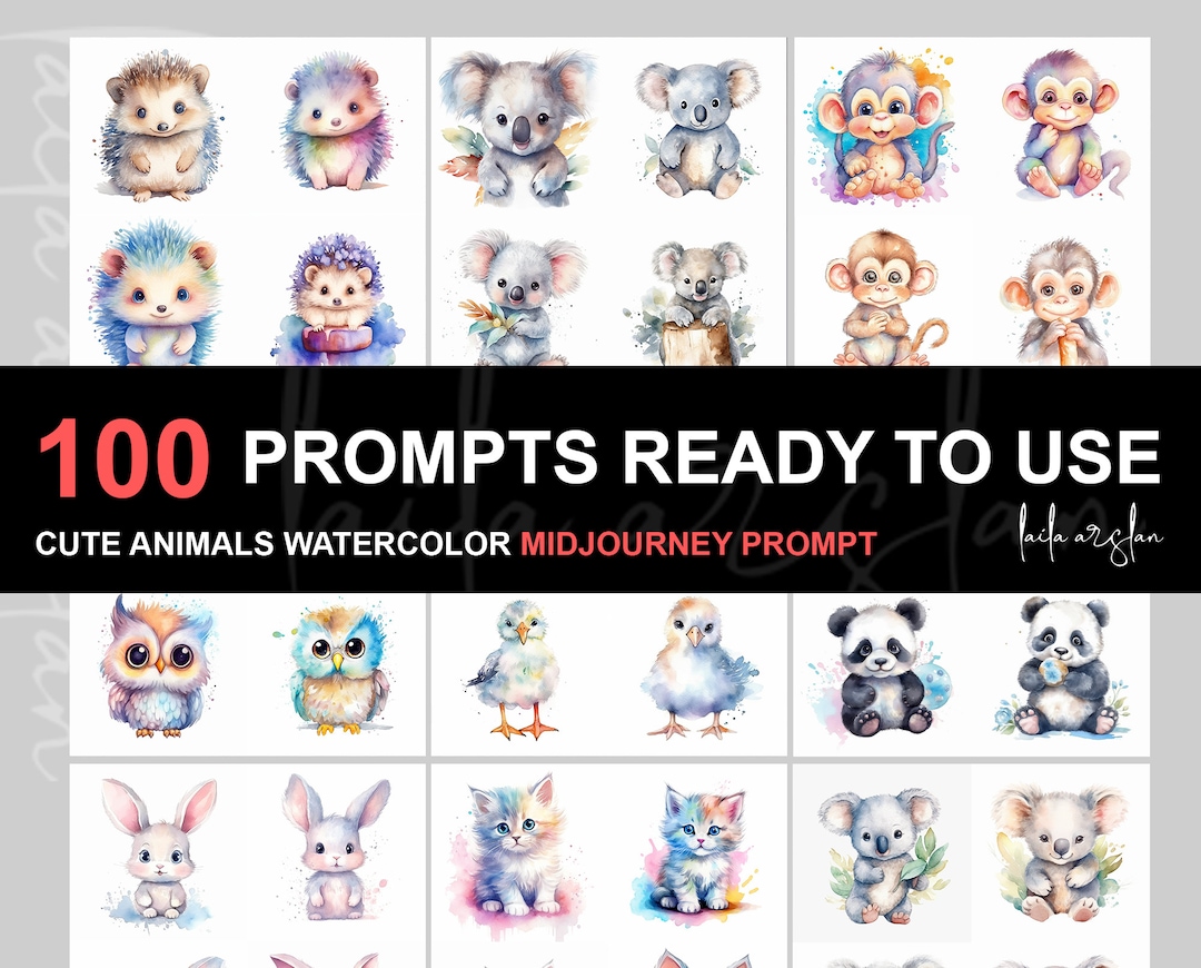 100 Prompts Cute Animals Watercolor Midjourney Prompt High - Etsy