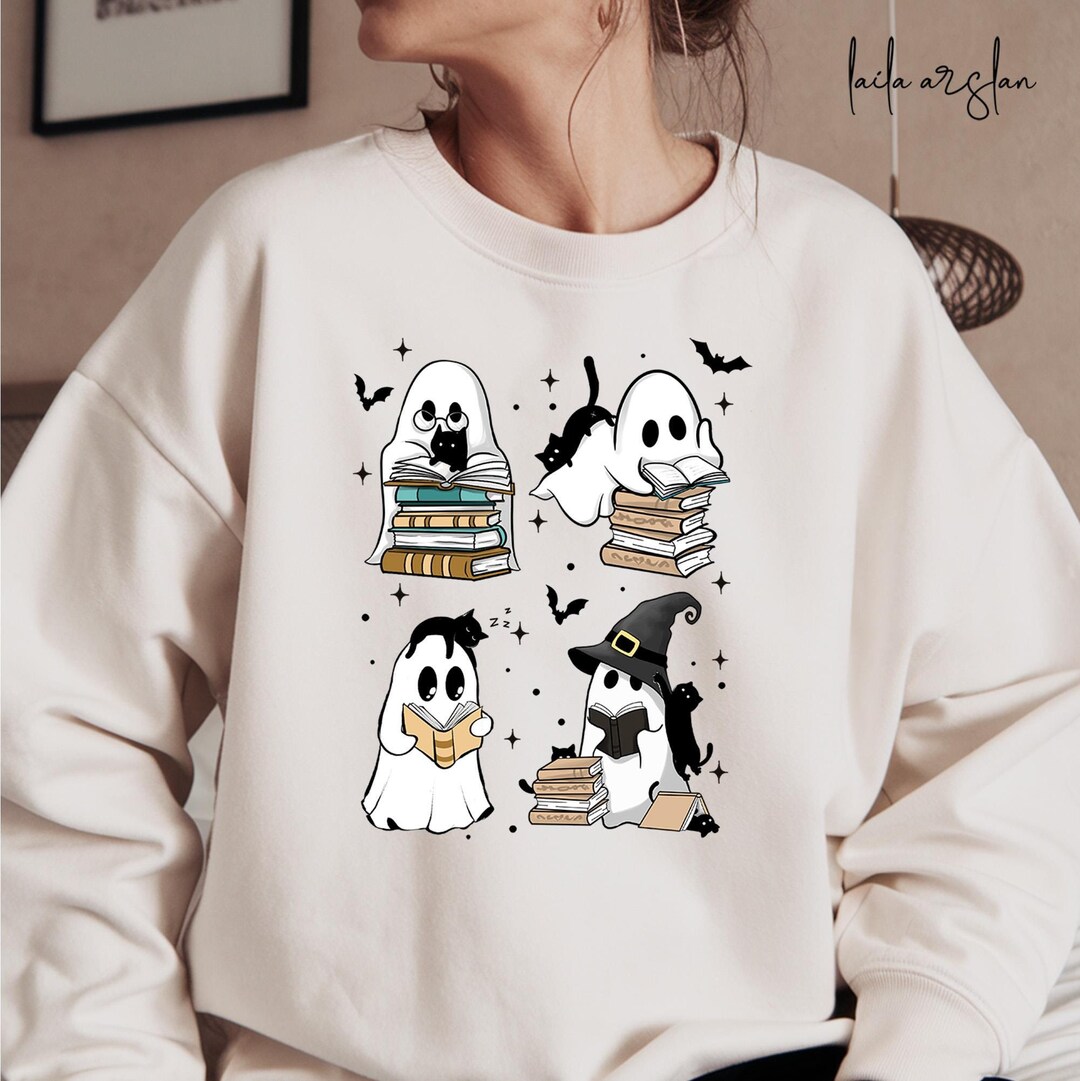 Cute Ghost and Cat Reading Book PNG, Retro Halloween Png, Bookish Ghost ...