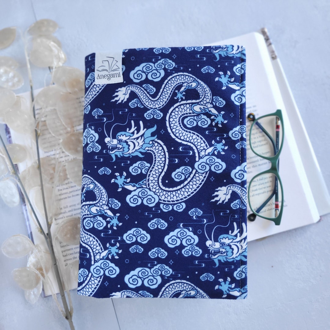 Blue Dragon Book Cover With Satin Bookmark and Metal Tassel, Fabric ...