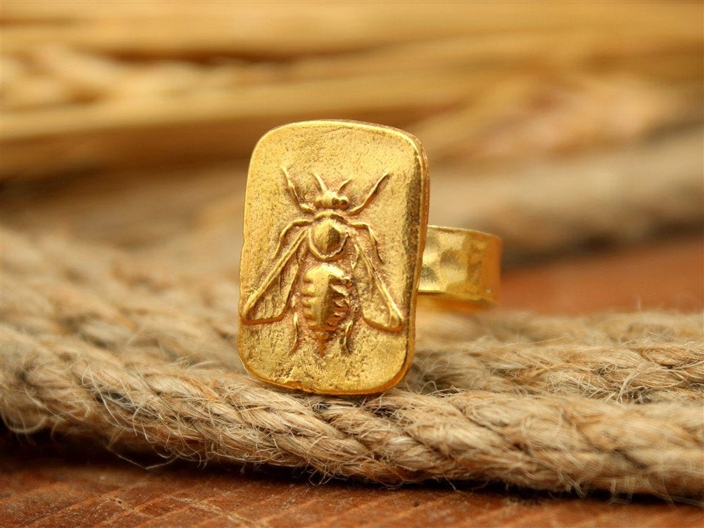 Gold Bee ring Honey bee signet ring Sterling silver women ring Gift for womenBy Oceansilverart