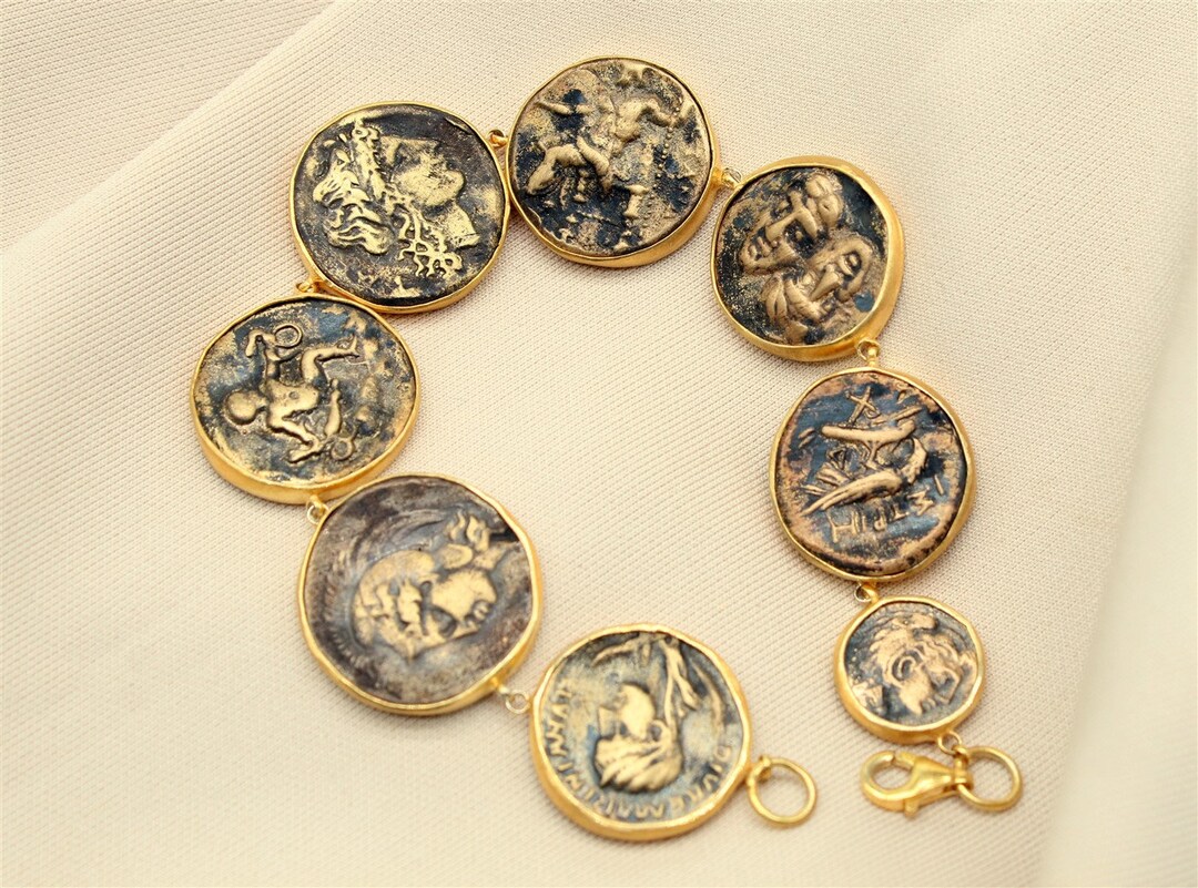 925 Sterling Silver Coin Bracelet, Gold Intaglio Bracelet, Roman Coin ...