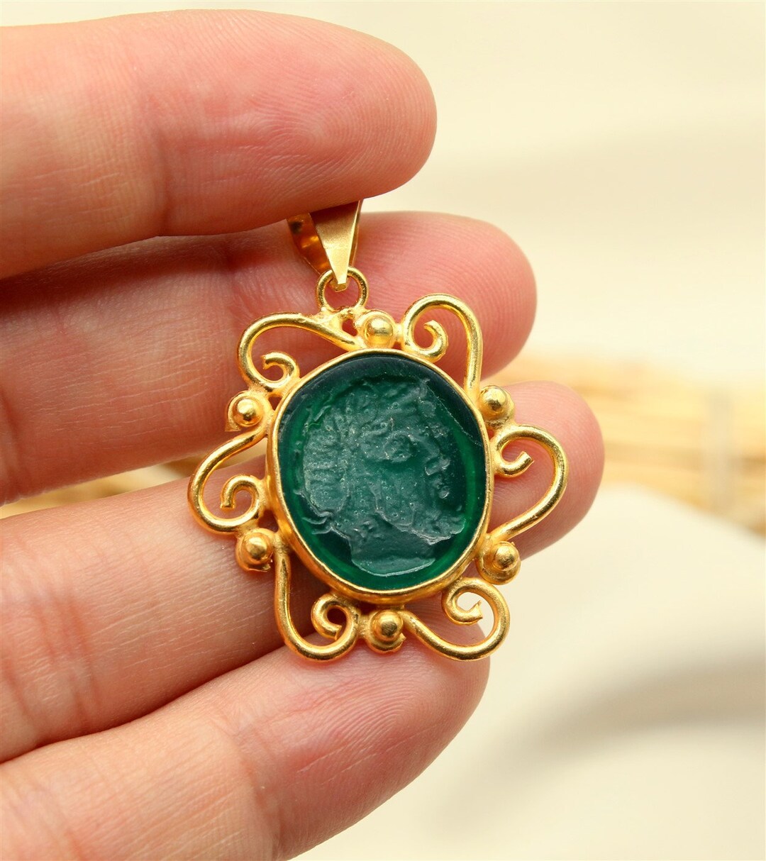 Antique Intaglio Greek God Zeus Silver Pendant, Carved Glass Pendant ...