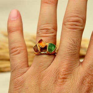 Raw Apatite, Garnet and Ruby Triple Stone Ring, Diamond Ring, Multi Stone Ring, Personalized ...