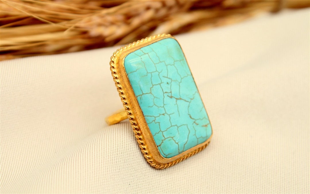 Big Rectangular Turquoise Silver Ring, Gemstone Turquoise Ring ...