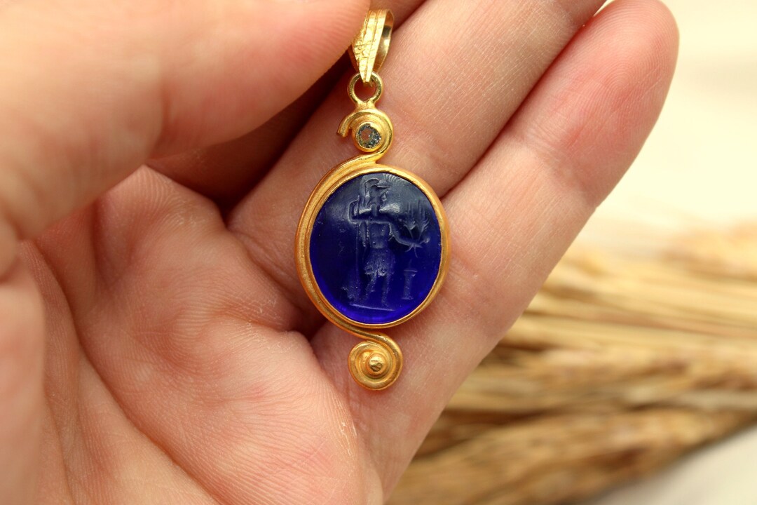 Antique Intaglio Greek God Poseidon Silver Pendant, Carved Glass ...