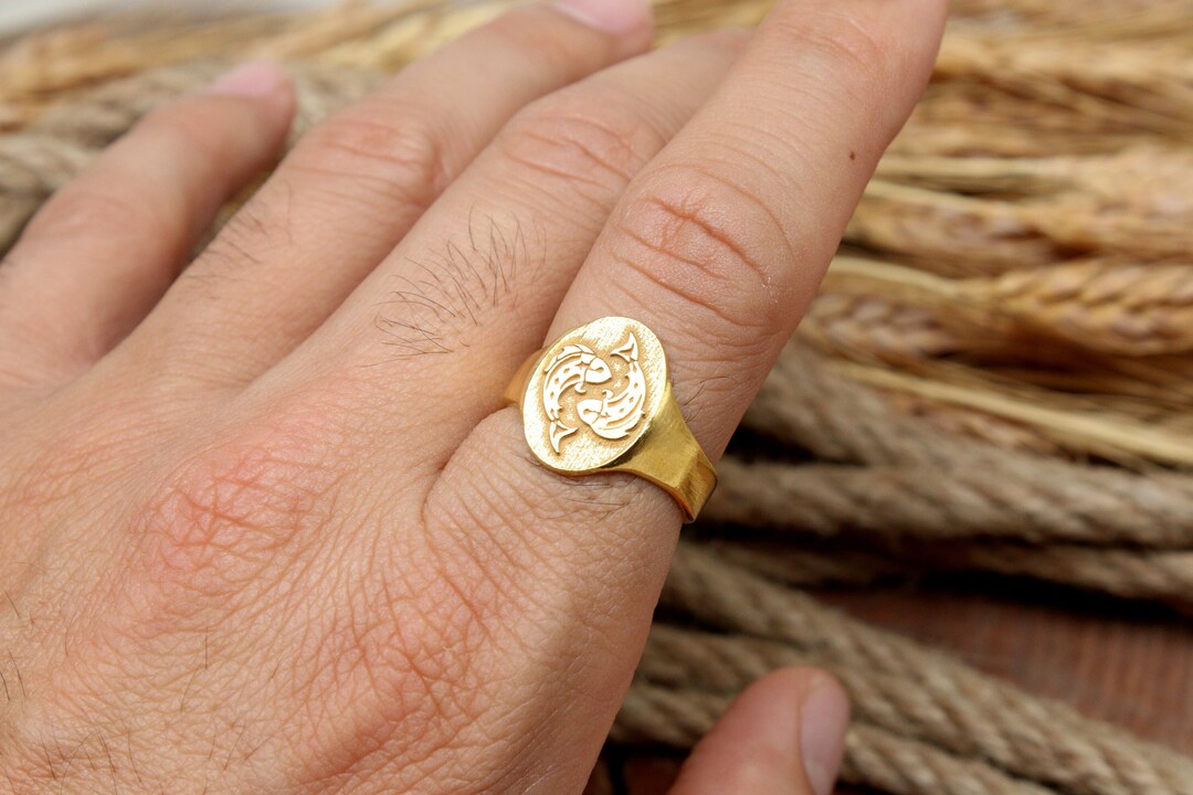 14k Solid Gold Pisces Ring, Gold Signet Ring, Gifts for Pisces Men ...