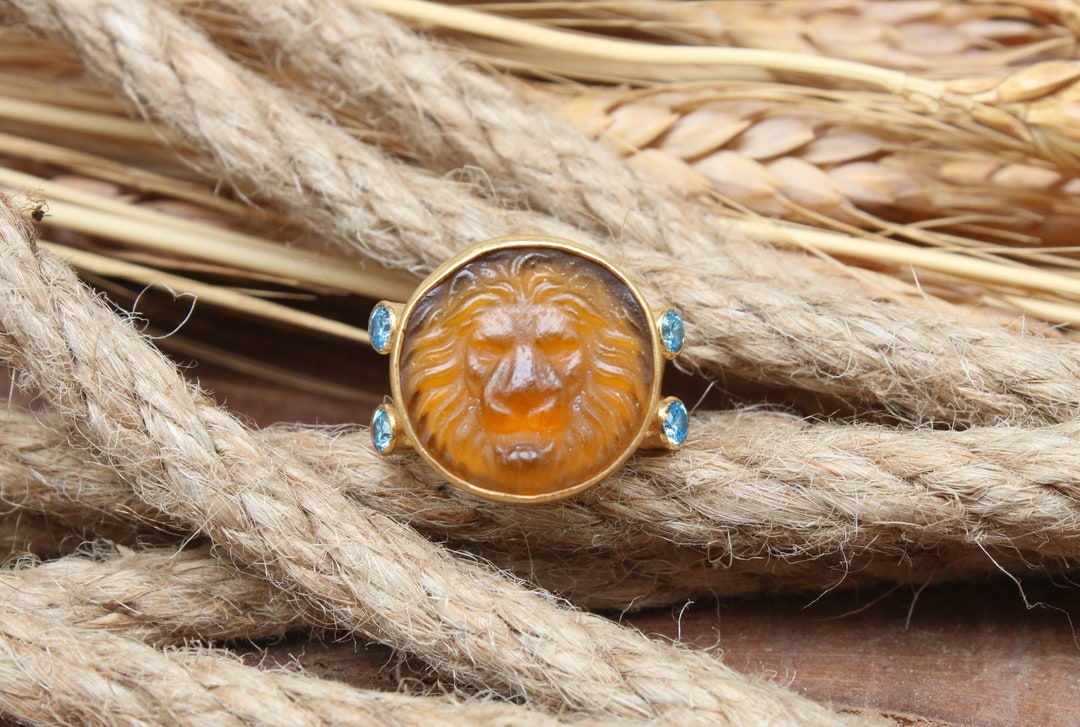 Intaglio Glass Leo Ring, Lion King Ring, Astrology Ring, Multi Stone ...