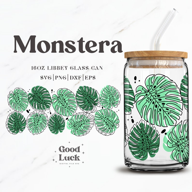 Monstera 16oz Glass Can Wrap Svg, Glass Can Cutfiles, 16oz Libbey Glass ...