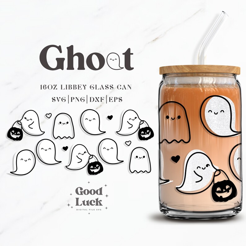 Ghost Libby Glass Wrap, Ghost Glass Can Svg, Cute Ghost SVG for 16oz ...