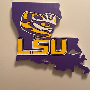 LSU Hand Painted Wooden Sign, Cut Into the Shape of Louisiana. - Etsy