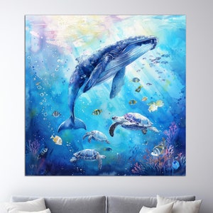 Whale Sea Turtle Canvas Wall Art Nautical Decor Ocean Print AI Art Life ...
