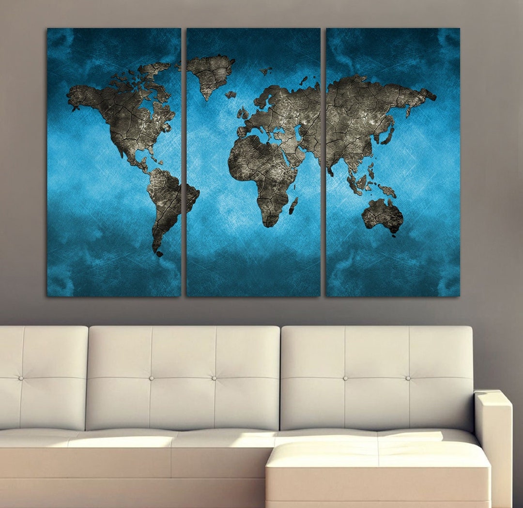 World Map Canvas Wall Art Home Office Wall Decor Map Print Canvas Navy ...