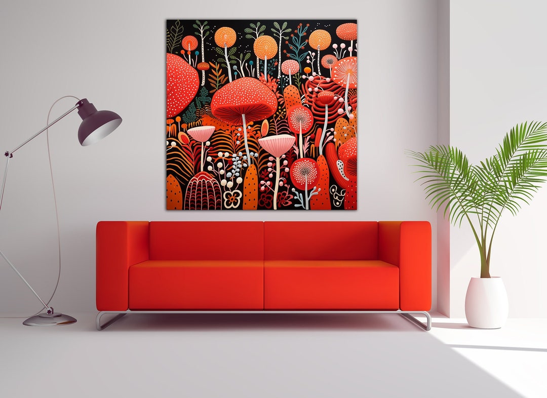Original Red Black Psychedelic Mushroom Wall Art Magic Trippy Shrooms ...