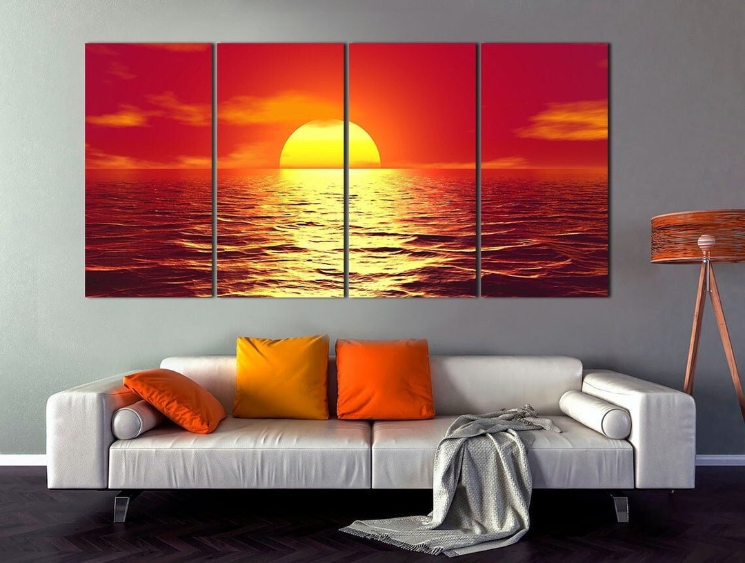 Sunset Ocean Canvas Wall Art Red Nautical Decor Panoramic Wall Art ...