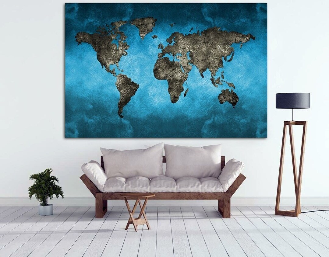 World Map Canvas Wall Art Office Wall Decor Map Print Canvas Navy Blue ...