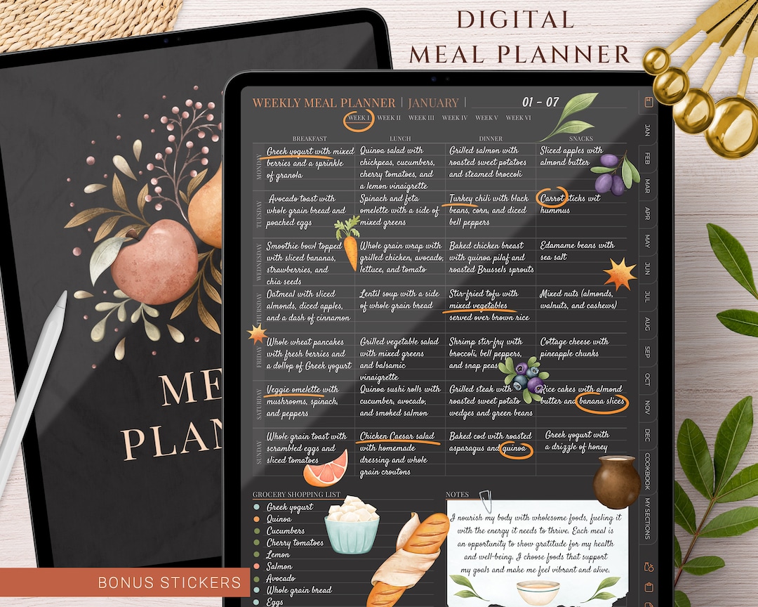 Digital Meal Planner Dark Mode | Weekly Meal Planner for Goodnotes ...