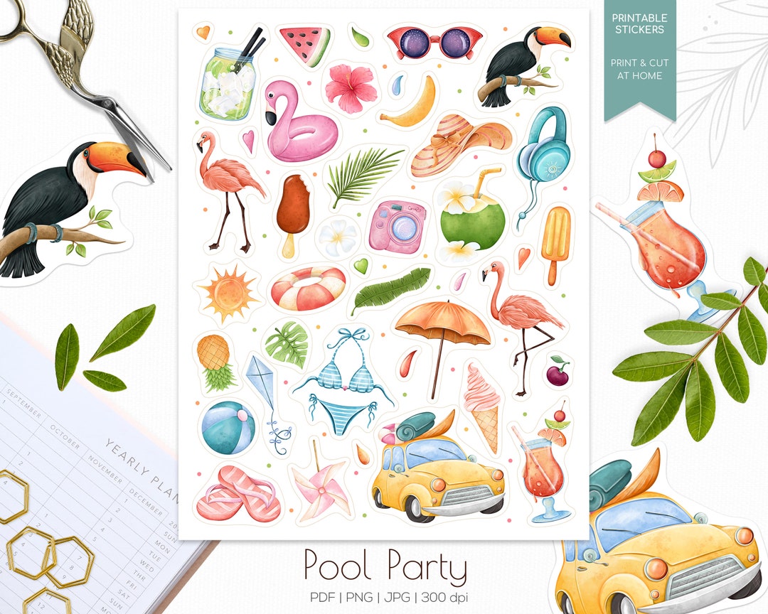 Summer Printable Stickers | Pool Stickers Collection | Summer Sticker ...