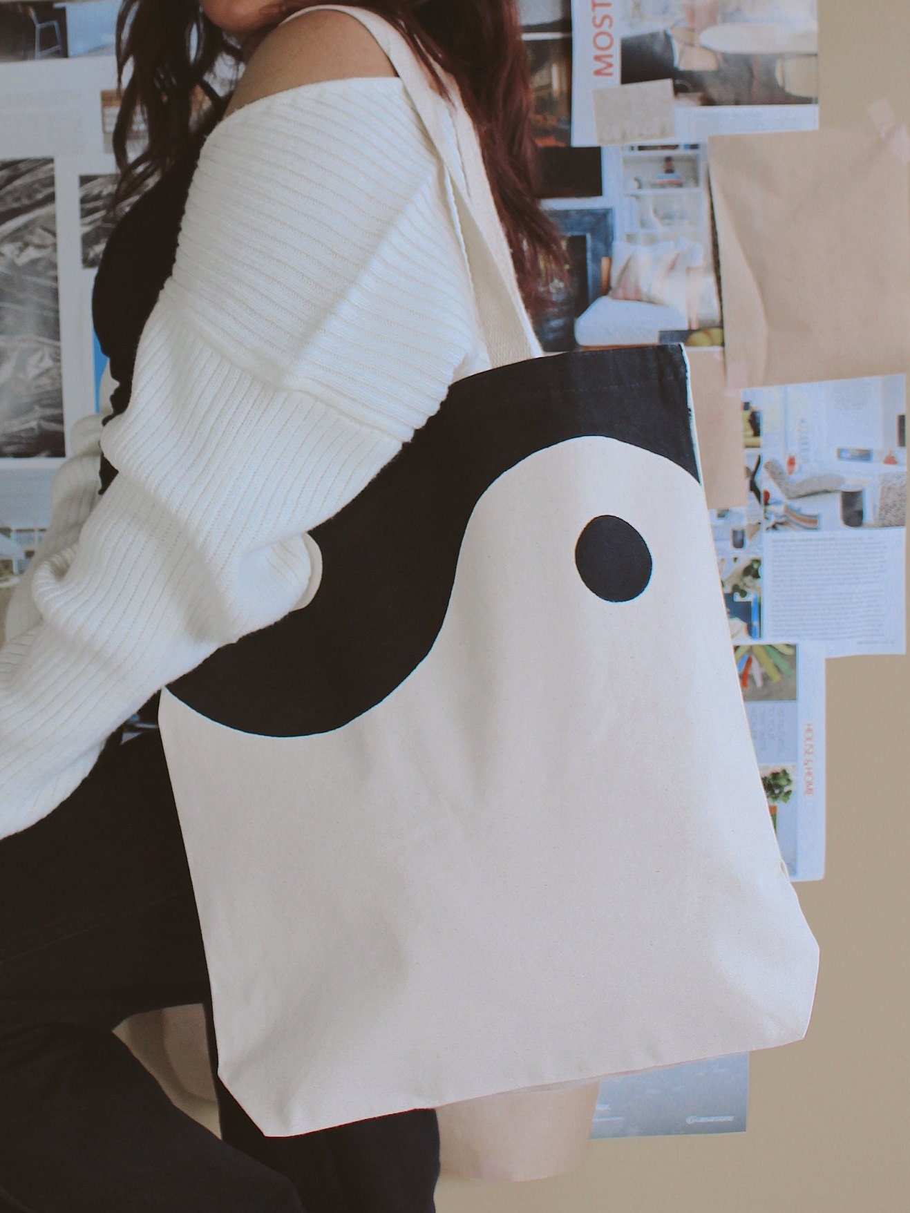 Yin Yang Hand-painted Canvas Tote Bag Shopping Market Reusable Grocery ...