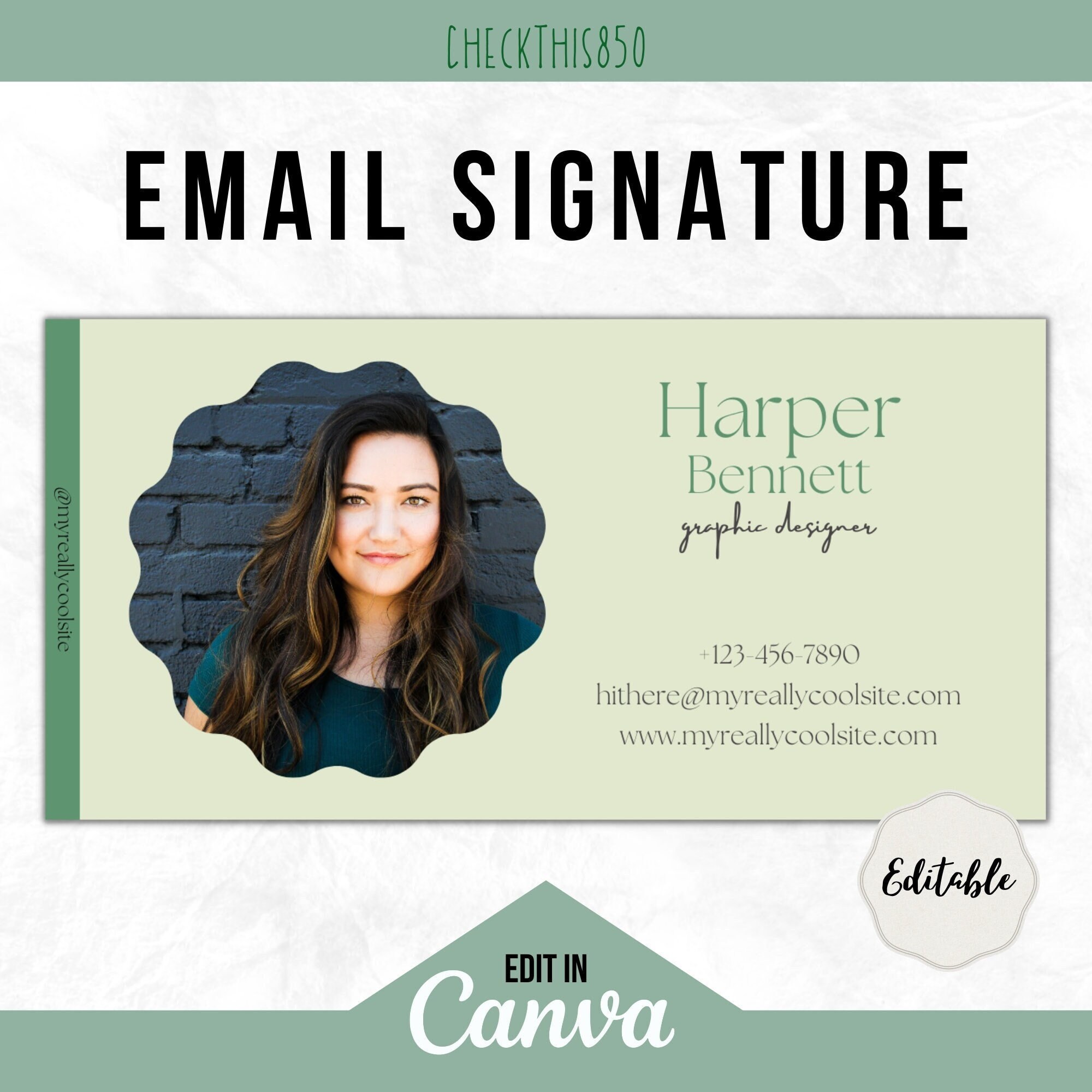 Green Minimalist Email Signature Template Photo! Editable Canva ...