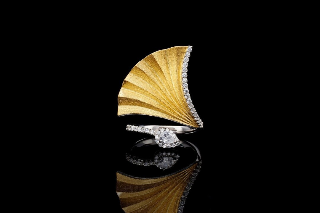 Ginkgo Brush Finish Ring, 18k Gold Plated Vermeil & Moissanite Ring ...