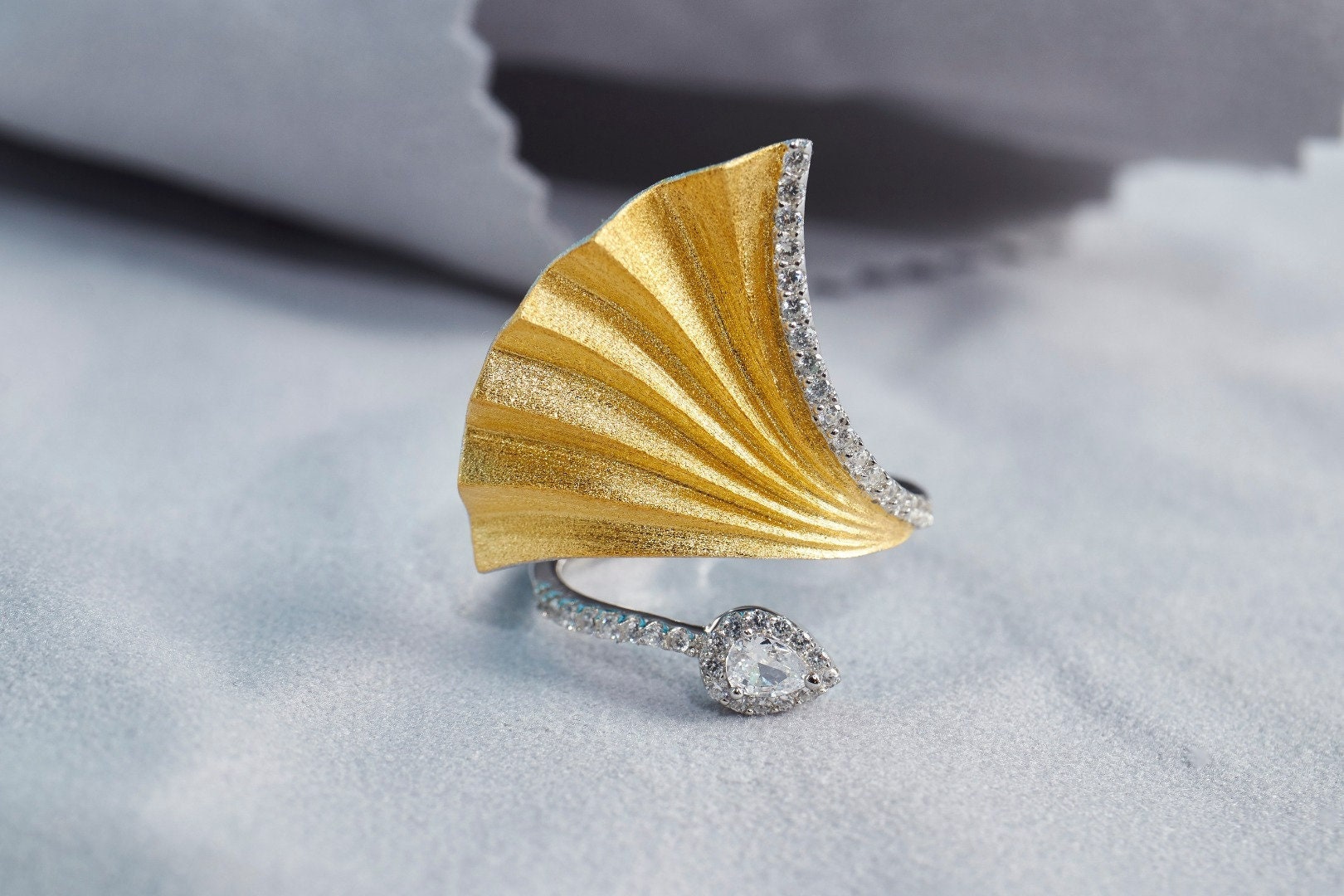 Ginkgo Brush Finish Ring, 18k Gold Plated Vermeil & Moissanite Ring ...