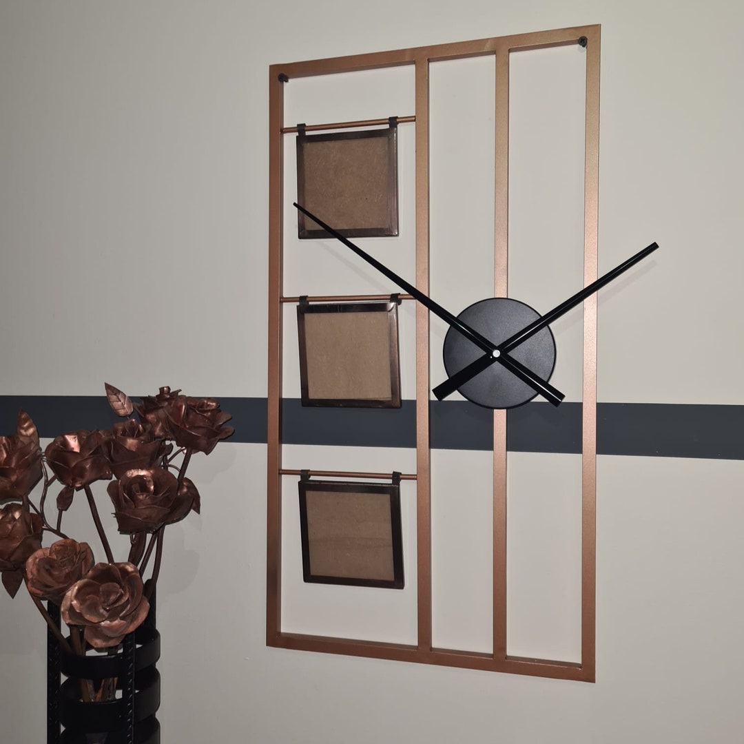 Copper Wall Clock Welded Metal Bar Frame With 3 Photo Frames - Etsy