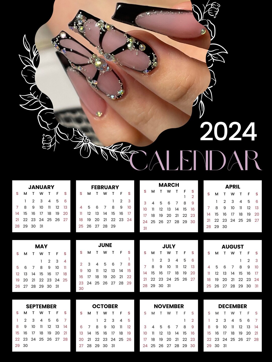 Printable Calendar 2024 Nails wall Calendar - Etsy
