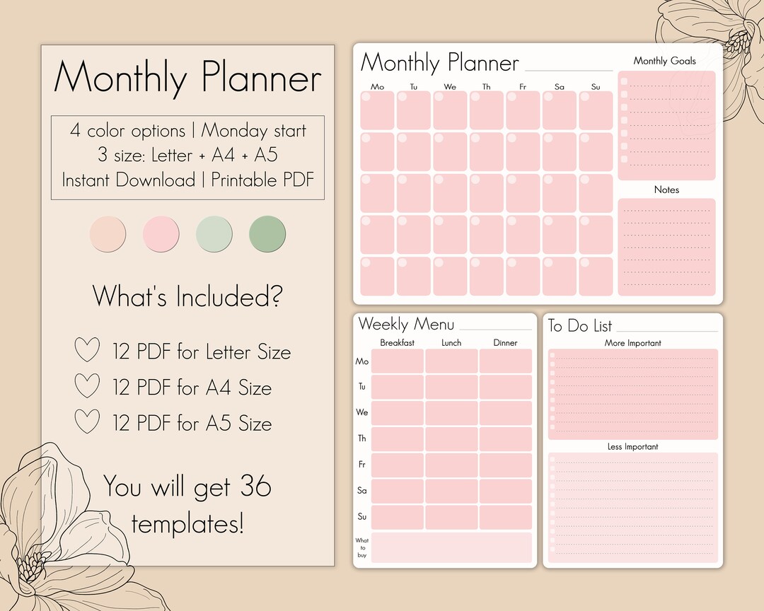 Undated Monthly Digital Planner • Weekly Planner • PDF Printable ...