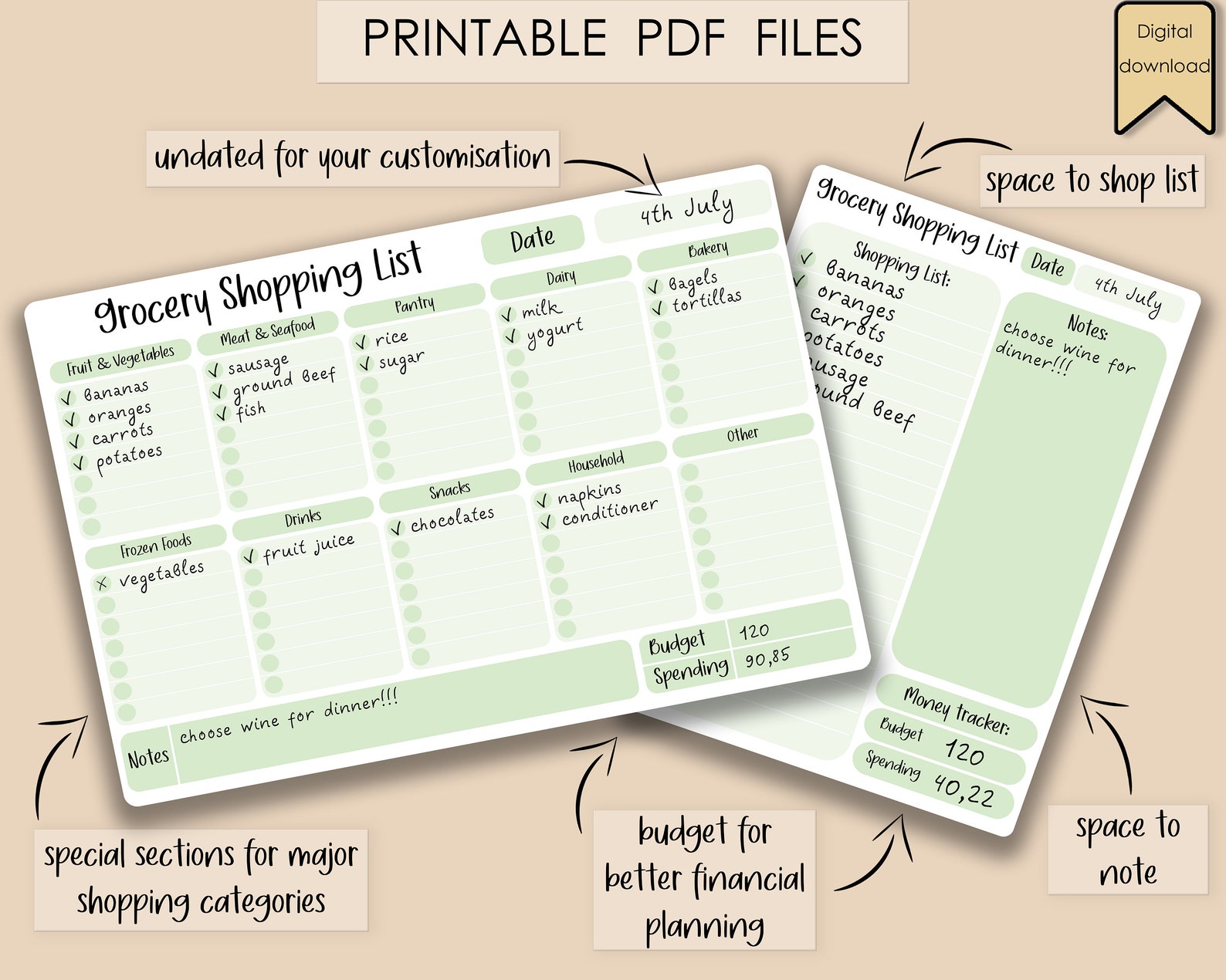 Meal Planner Printable Food Journal, Grocery List Daily Food Journal ...